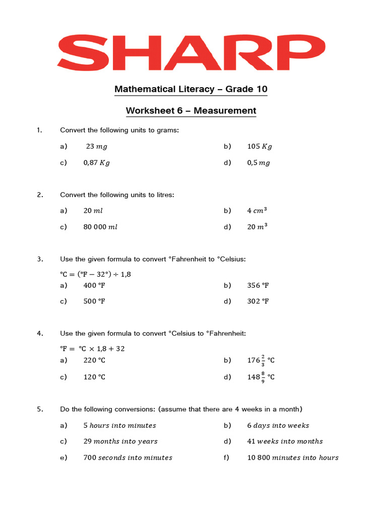 Grade 10 Math Literacy Worksheet | PDF | Cakes | Foods