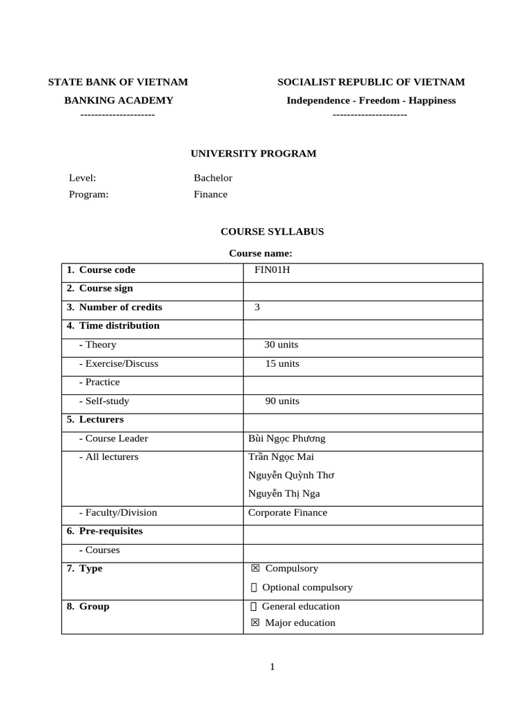 2022 FIN01H CF1 Syllabus Finance | PDF | Lecture | Cognition