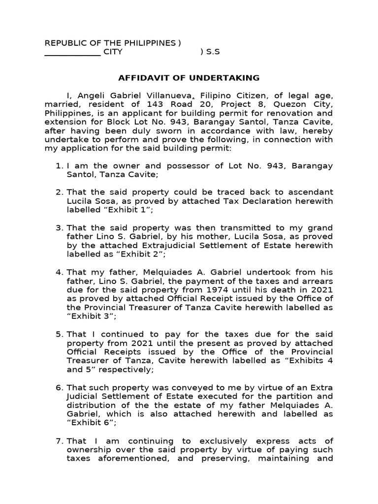 Affidavit of Undertaking For Building Permit | PDF | Affidavit | Government