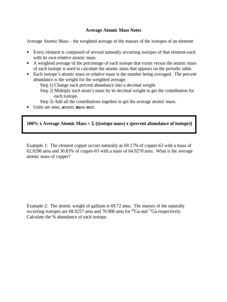 Average Atomic Mass Calculation Guide | PDF