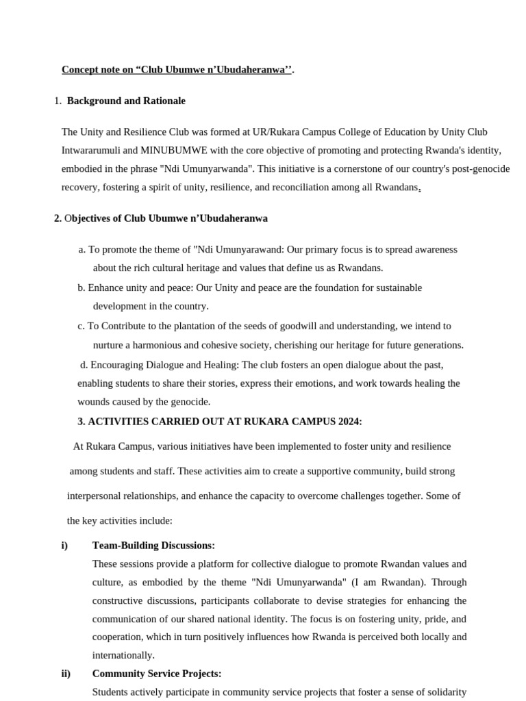 2024 Concept Note On Club Ubumwe N'ubudaheranwa UR-CE Rukara Campus ...