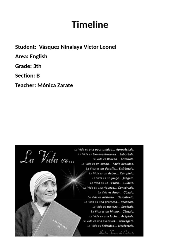 Mother Teresa's Life Timeline | PDF | Mother Teresa | Roman Catholic