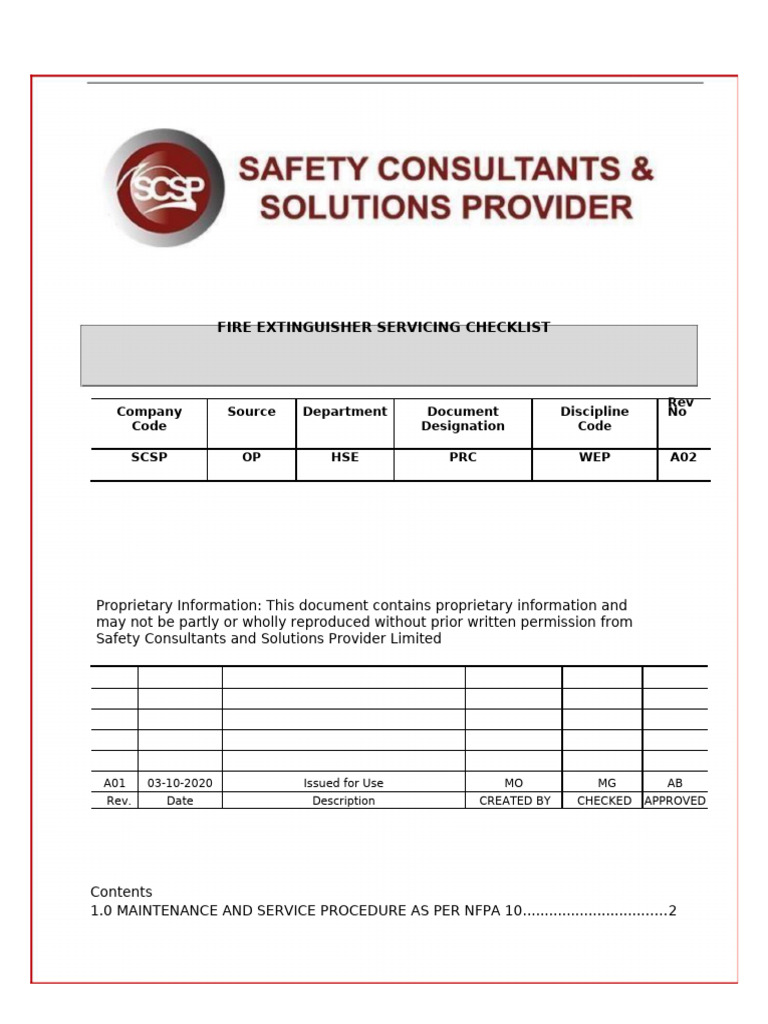 Scsp-Op - PRJ-PRC - Chl-Lhh-Checklist For Fire Extinguisher Servicing Rev01 | PDF | Valve