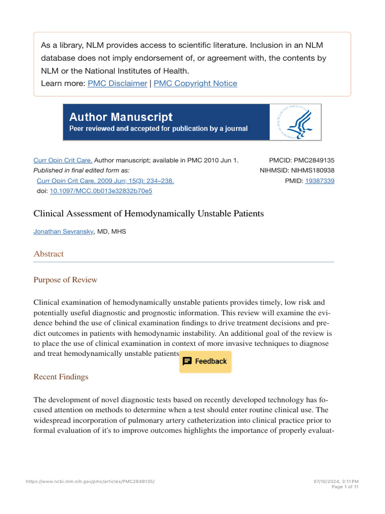 Clinical Assessment of Hemodynamically Unstable Patients - PMC | PDF ...