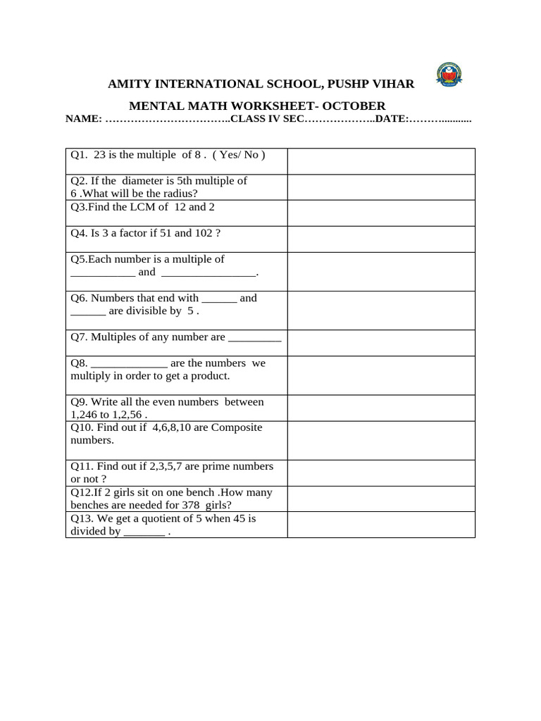 Grade 4 Mental Math Worksheet | PDF