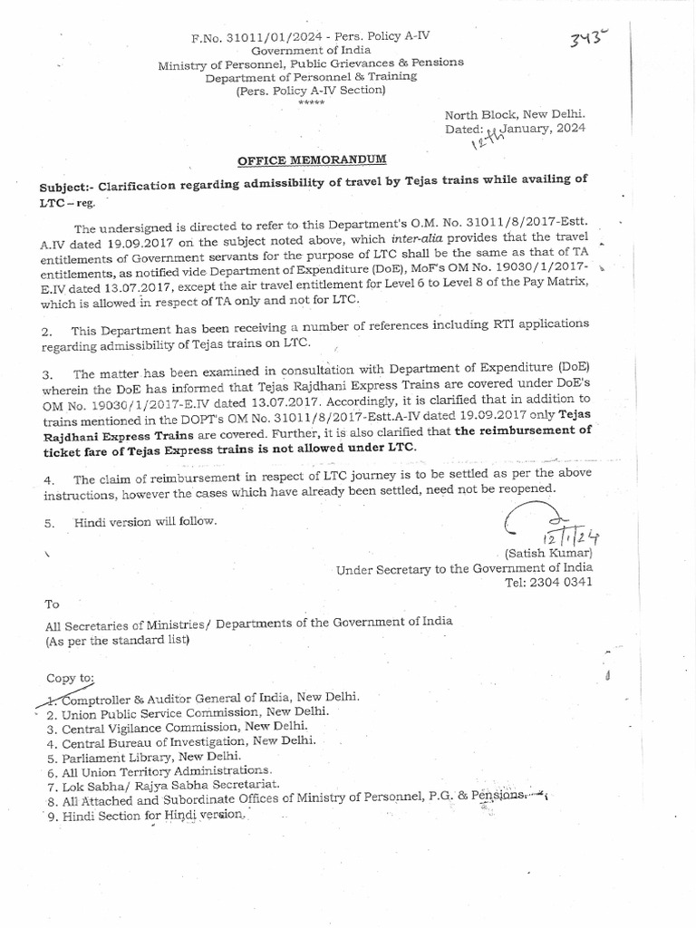 Tejas Express DoPT OM 12 01 2024 065bc745f61fda2 66479517 | PDF | Government | Government Of India