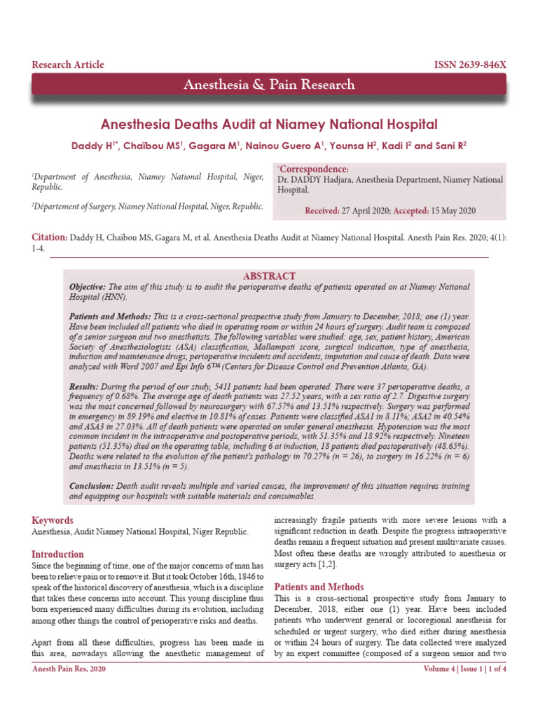 Anesthesia Deaths Audit at Niamey National Hospital | PDF | Anesthesia ...