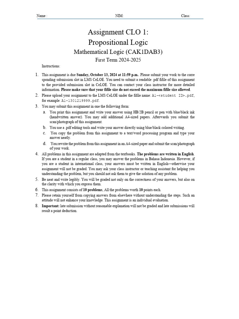 Assignment 01 Logika Matematika | PDF | Logical Consequence | Mathematical Logic