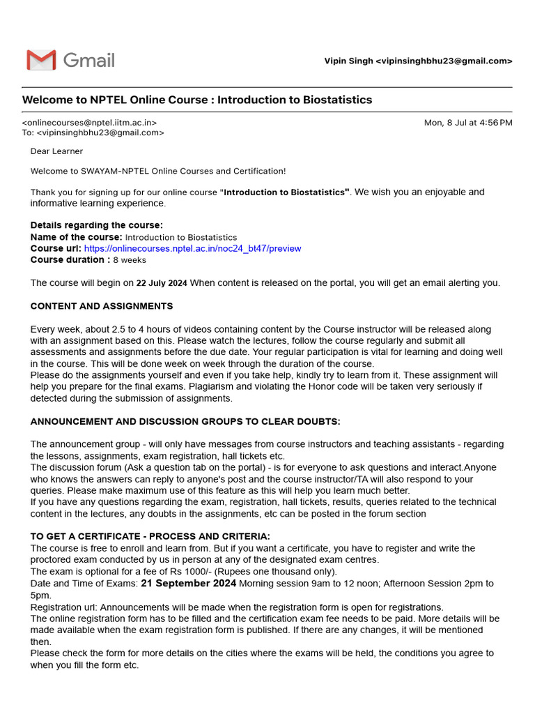 Welcome To NPTEL Online Course - Introduction To Biostatistics | PDF ...