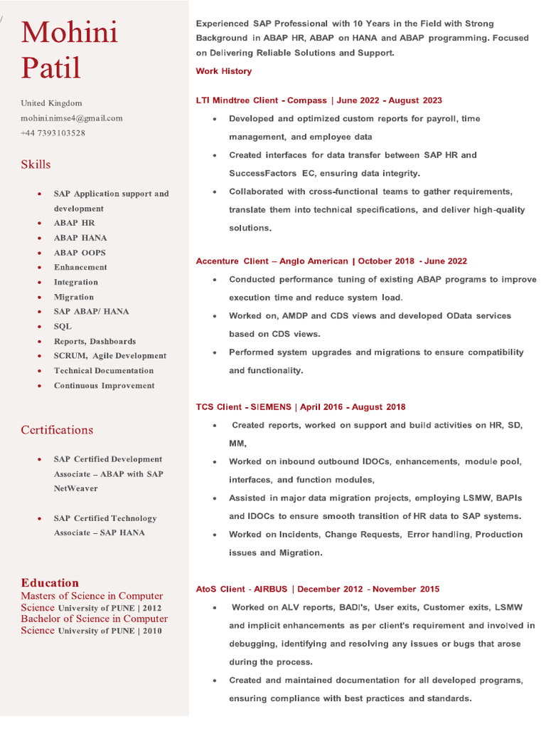 Mohini Patil ABAP HR | PDF