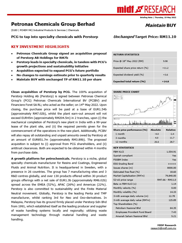 PETCHEM-PCG To Tap Into Specialty Chemicals With Perstorp-MIDF-MIDF ...