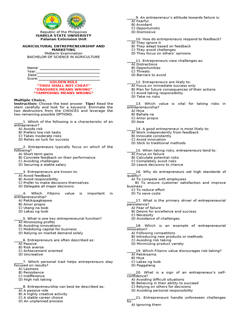 Midterm Examination Agricultural Entrep | PDF | Entrepreneurship | Risk
