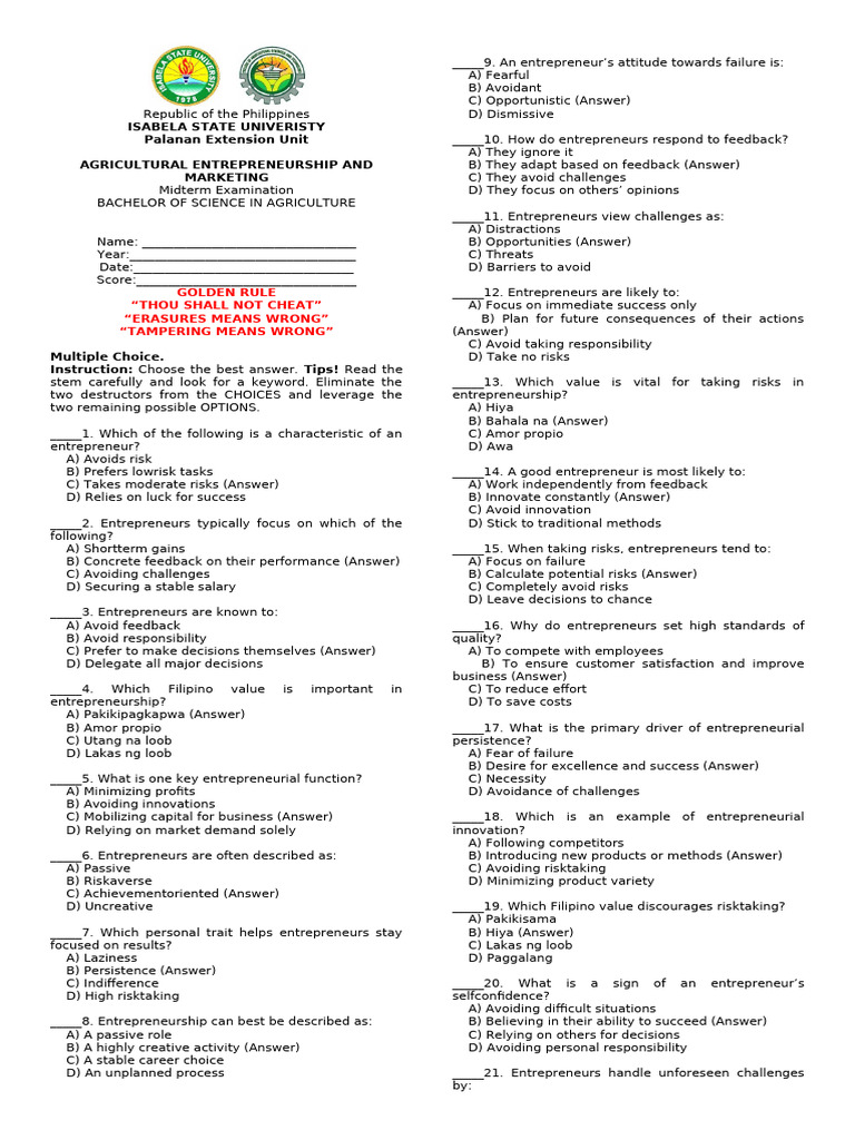 Midterm Examination Answer Key Agricultural Entrep | PDF | Entrepreneurship | Risk