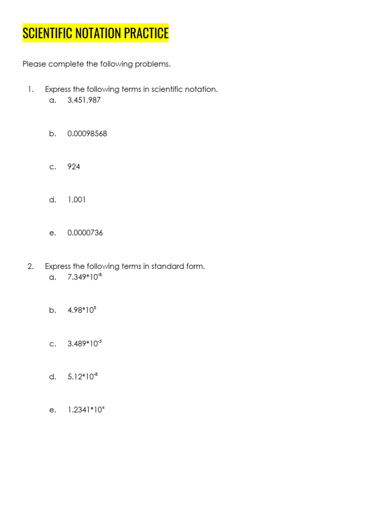 Scientific Notation Practice | PDF | Teaching Methods & Materials ...