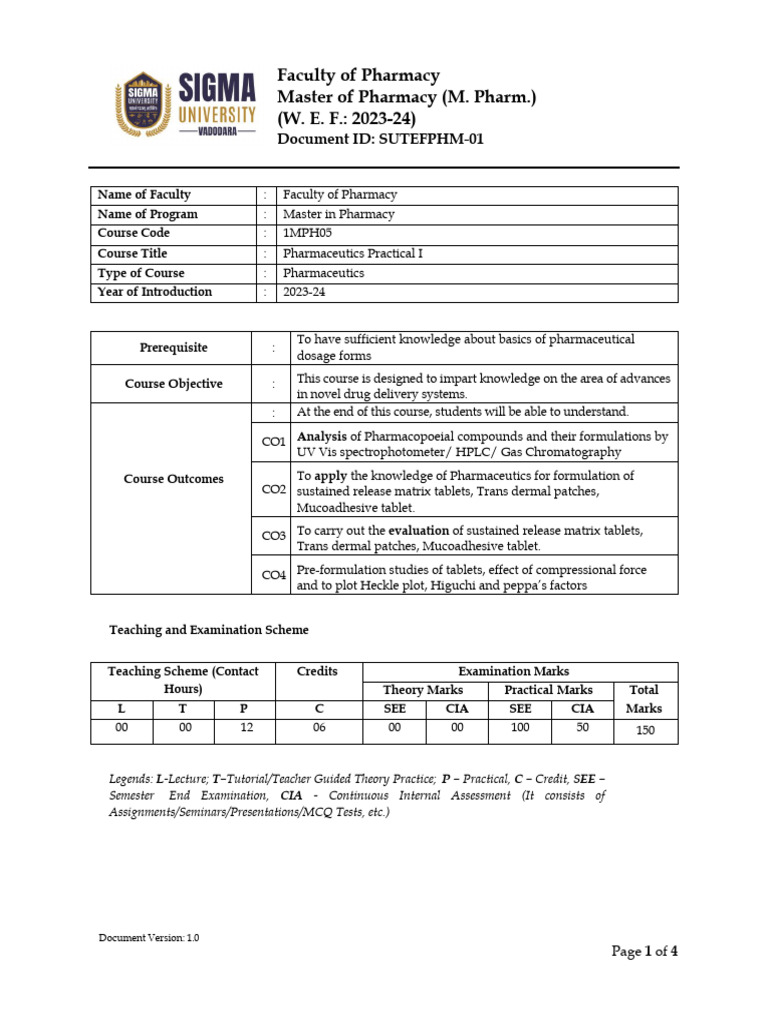 Pharmaceutics Practical I Syllabus | PDF | Tablet (Pharmacy ...