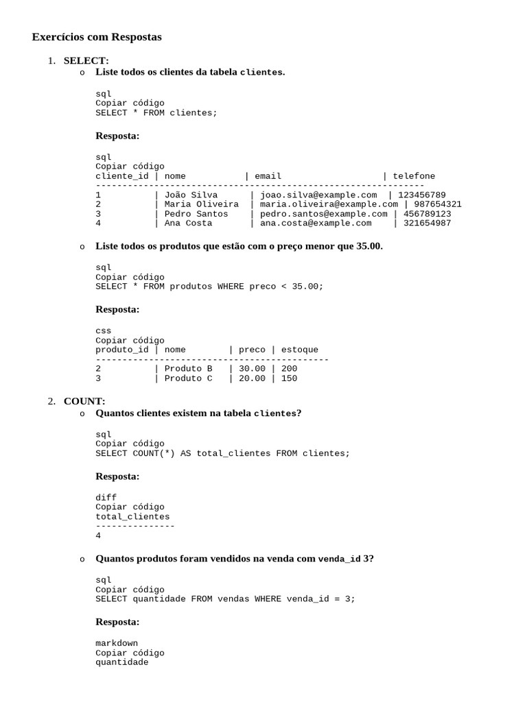 Exercícios Com Respostas SQL | PDF | Bancos de dados | Software de gerenciamento de dados