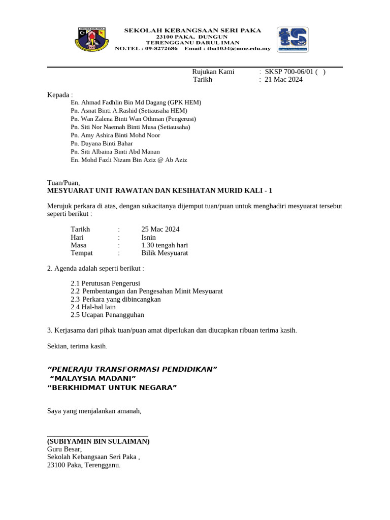 Surat Mesyuarat Rawatan Dan Kesihatan Murid 2023 | PDF