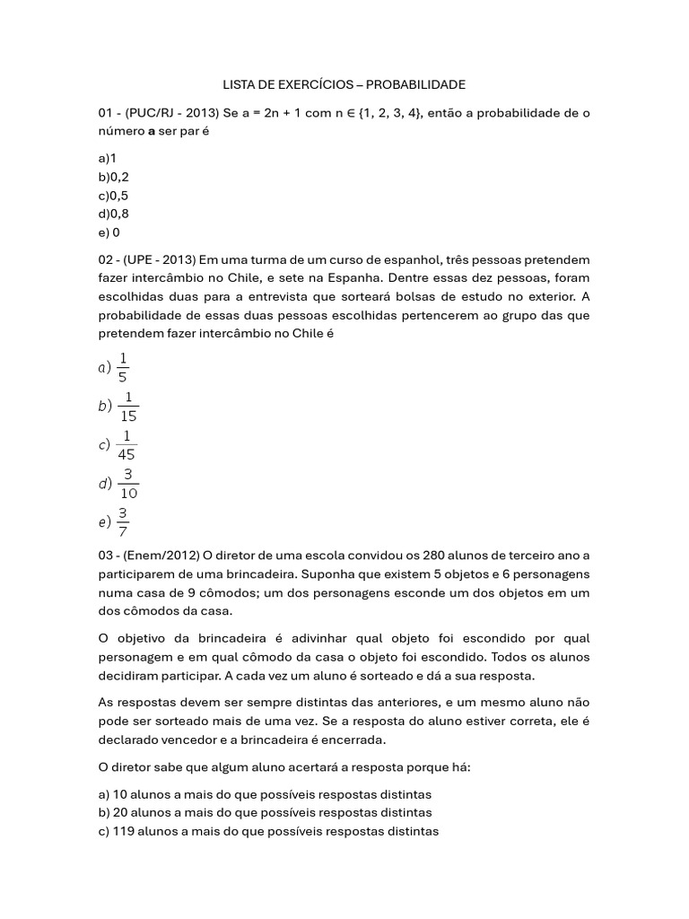 Lista Exercicio Probabilidade | PDF | Probabilidade