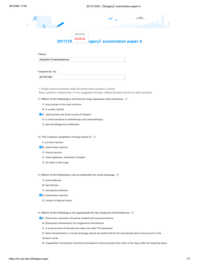 2017 Surgery Exam Paper A Questions | PDF | Lung Cancer | Urinary Tract ...