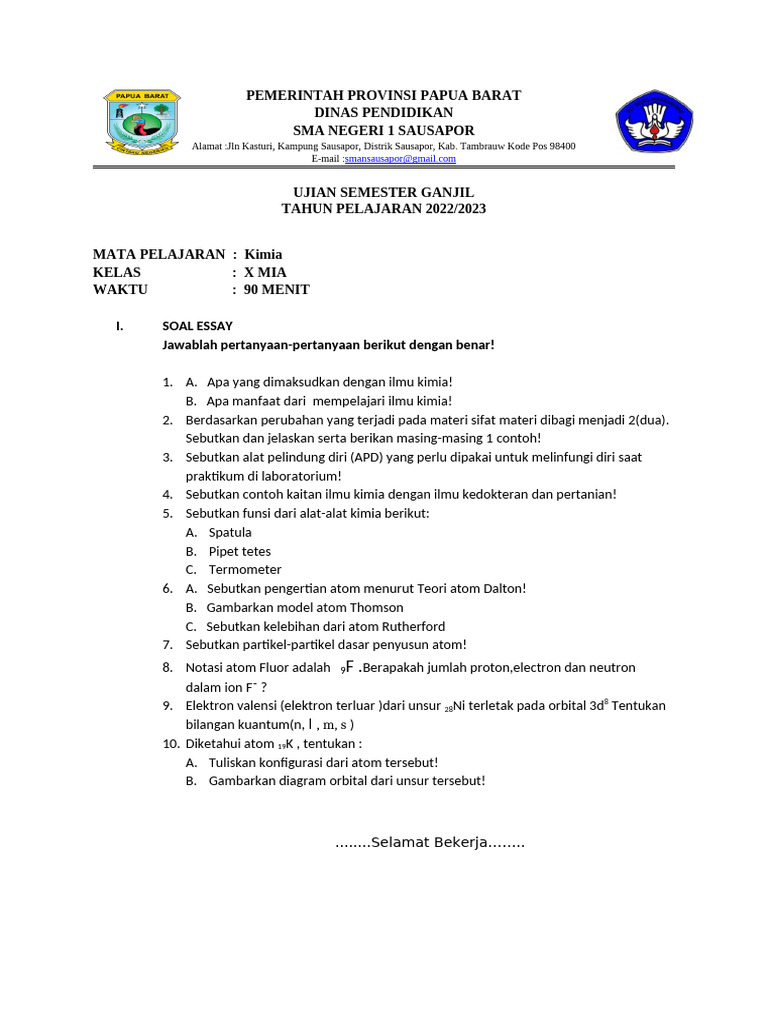 Soal Pas Kimia Kelas X, Ganjil 2022 | PDF