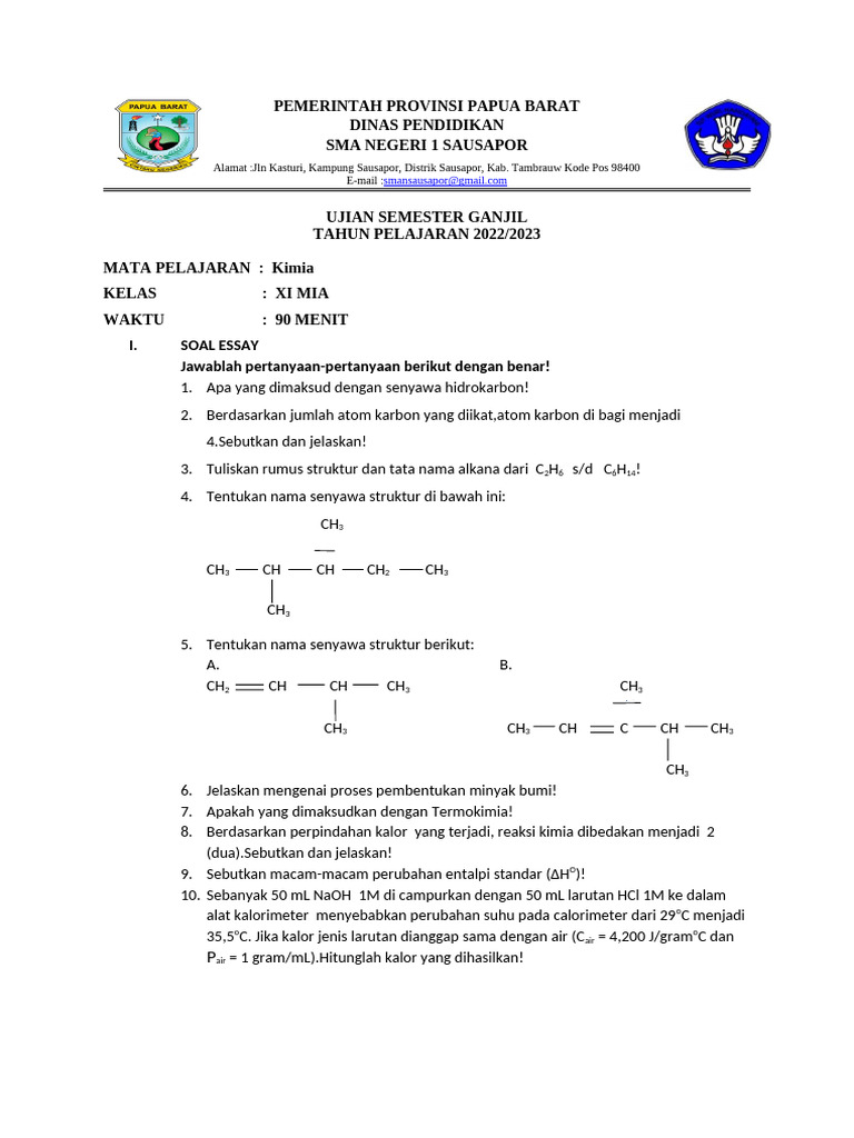 Soal Pas Kimia Kelas Xi, Ganjil 2022 | PDF | Sains & Matematika