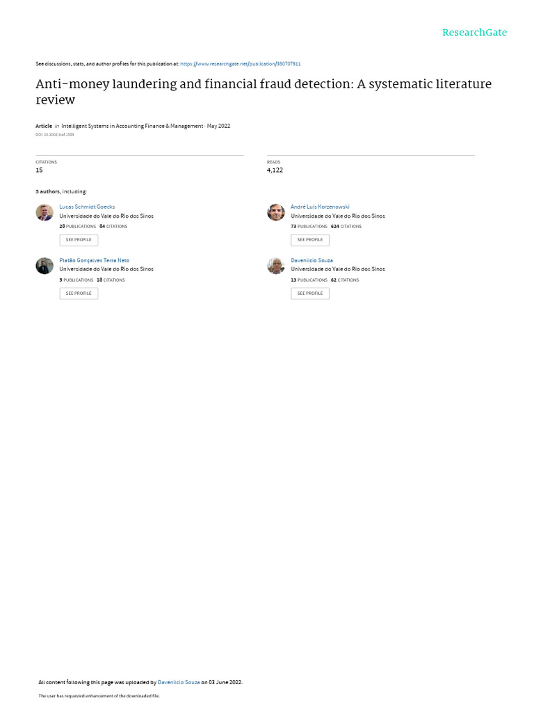 Anti Money Laundering And Financial Fraud Detection A Systematic