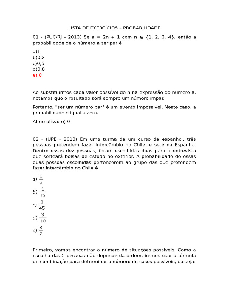Lista Exercicio Probabilidade | PDF | Probabilidade | Cor