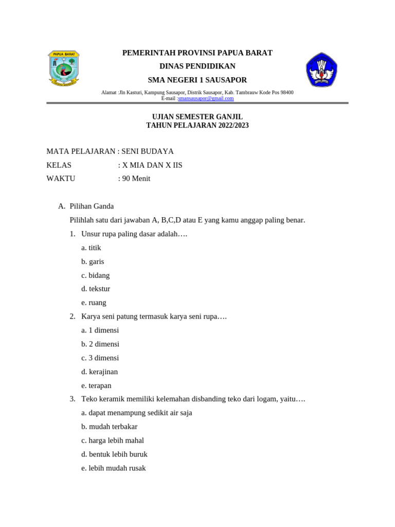 Soal Semester 1 Seni Budaya KLS X | PDF