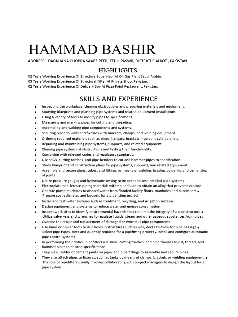 Hammad Bashir Resume 20240910054311 | PDF | Pipe (Fluid Conveyance ...