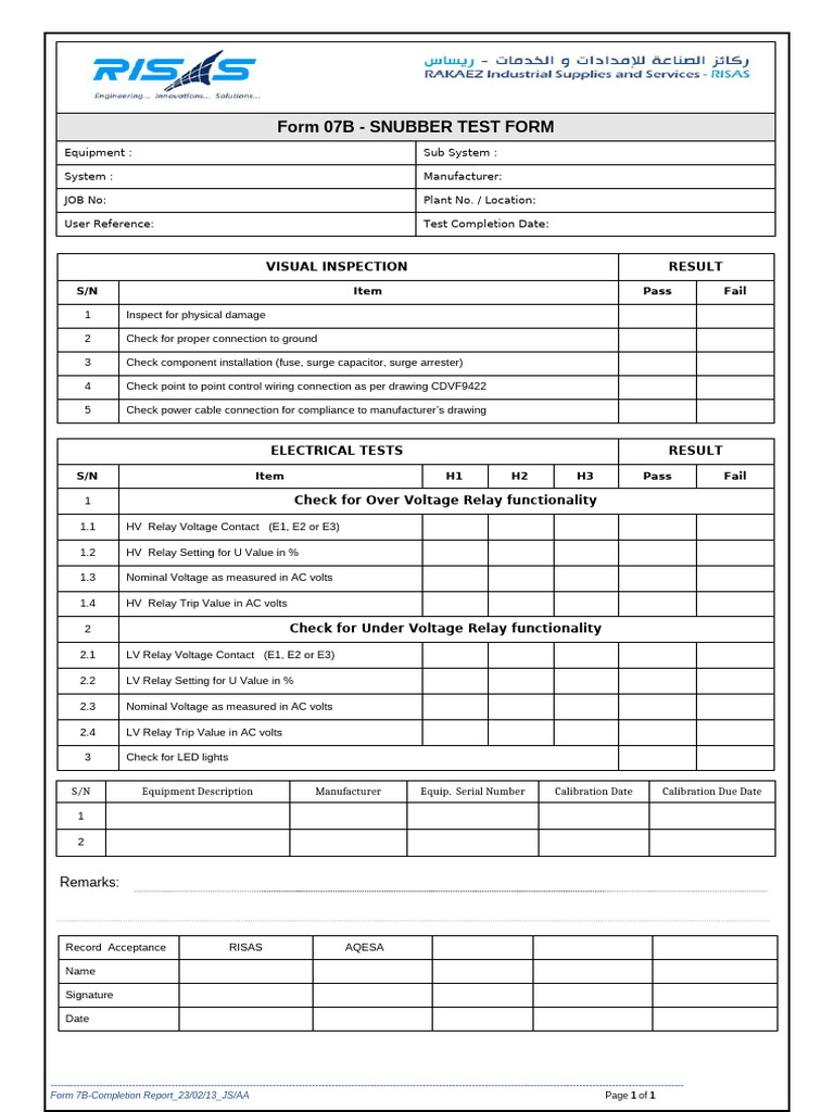 Form 7B Snubber Test Form Blank | PDF | Relay | Alternating Current