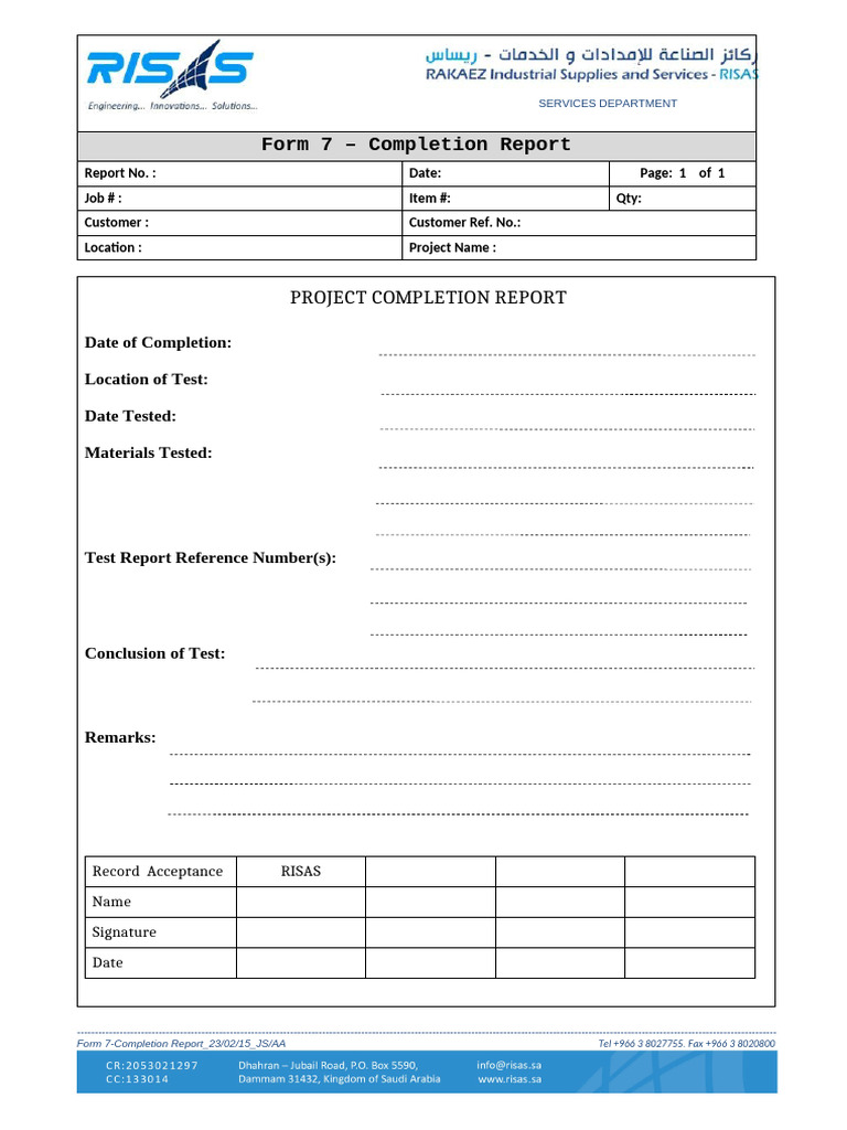 Project Completion Report Form 7 | PDF