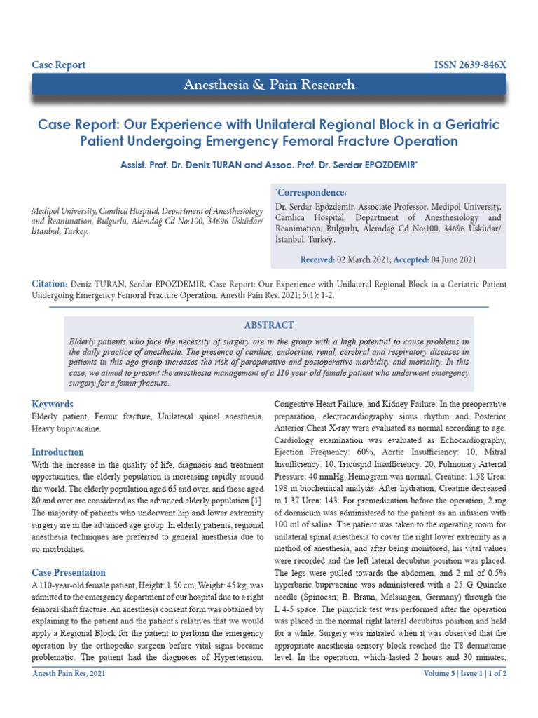 Case Report Our Experience With Unilateral Regional Block in A ...