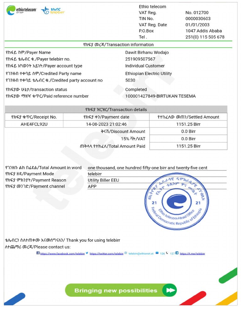 Telebirr - Utility Biller EEU | PDF