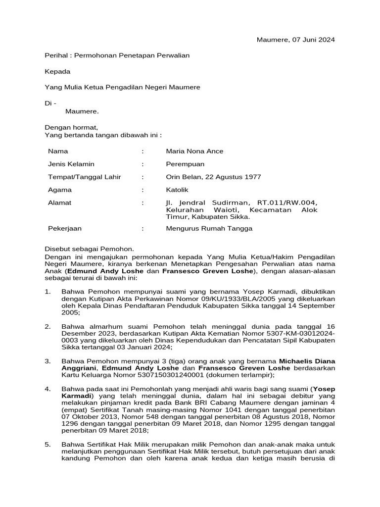 Permohonan Perwalian Atas Nama Pemohon Maria Nona Ance | PDF