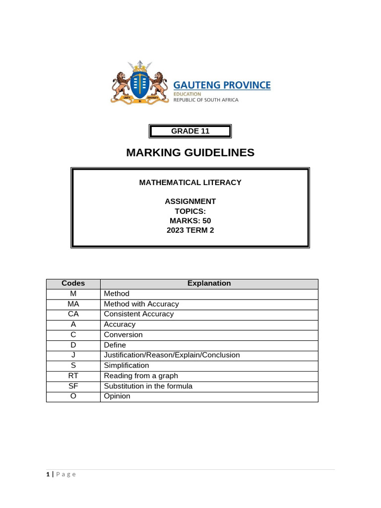Math Lit Grade 11 Term 2 Assignment Memo 2023 | PDF | Mathematics | Metrology