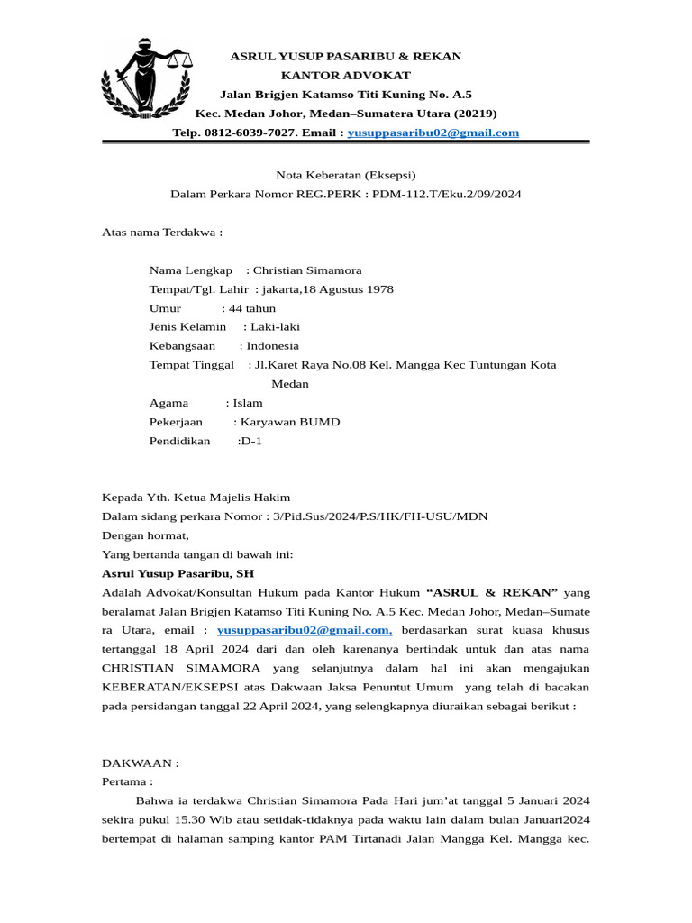 Nota Keberatan KLINIS PIDANA | PDF | Ilmu Sosial | Hukum