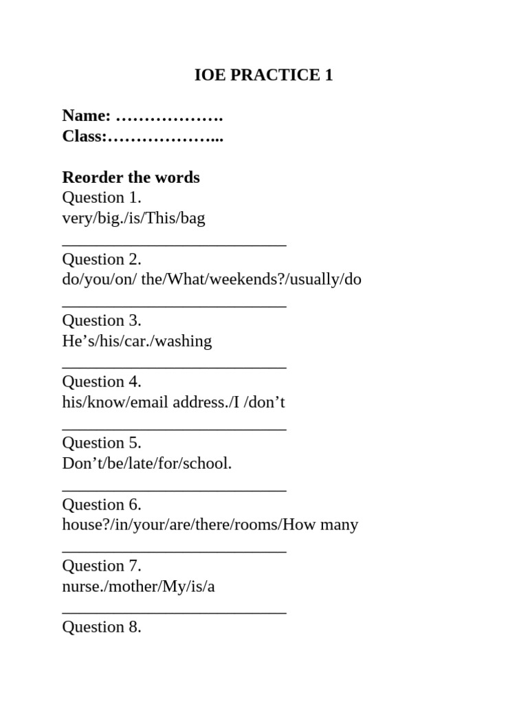 Ioe Practice 1 Name: . Class: ... Reorder The Words | PDF | Language ...