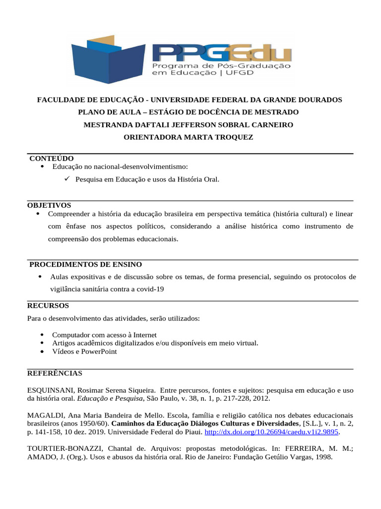 Plano de Aula - Estágio Docência | PDF