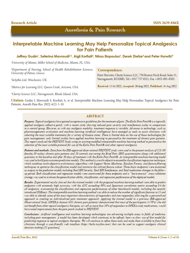 Interpretable Machine Learning May Help Personalize Topical Analgesics ... Interpretable Machine Learning May Help Personalize Topical Analgesics ...