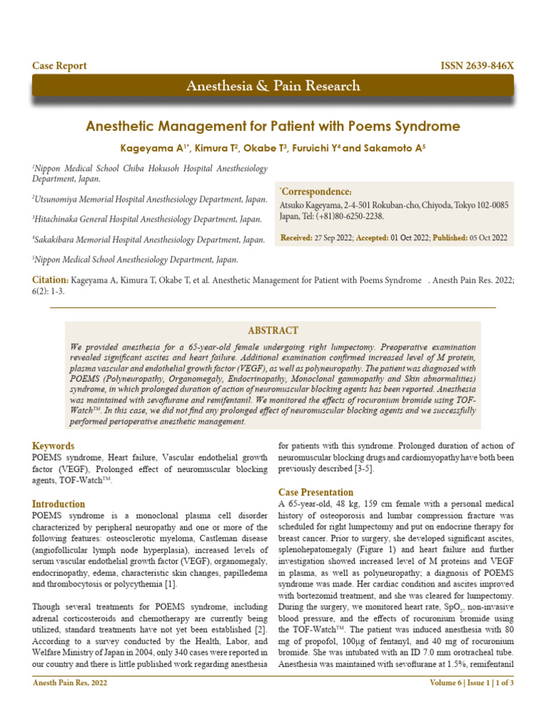 Anesthetic Management For Patient With Poems Syndrome | PDF | Medical ...