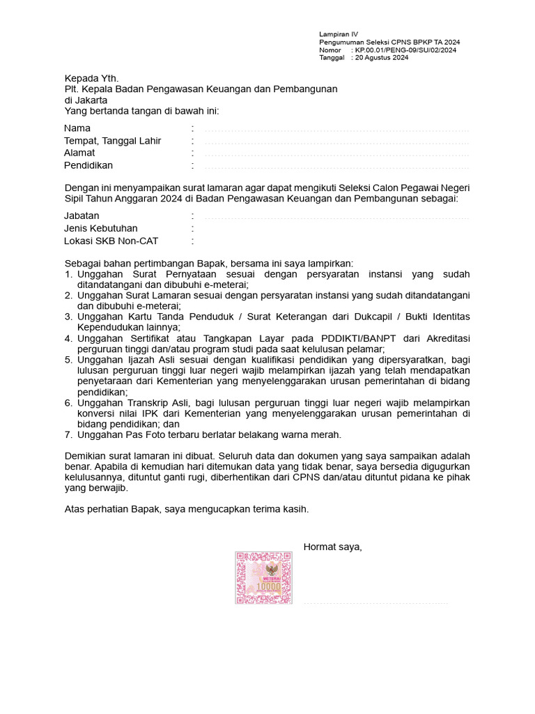 Surat Lamaran CPNS BPKP 2024 | PDF