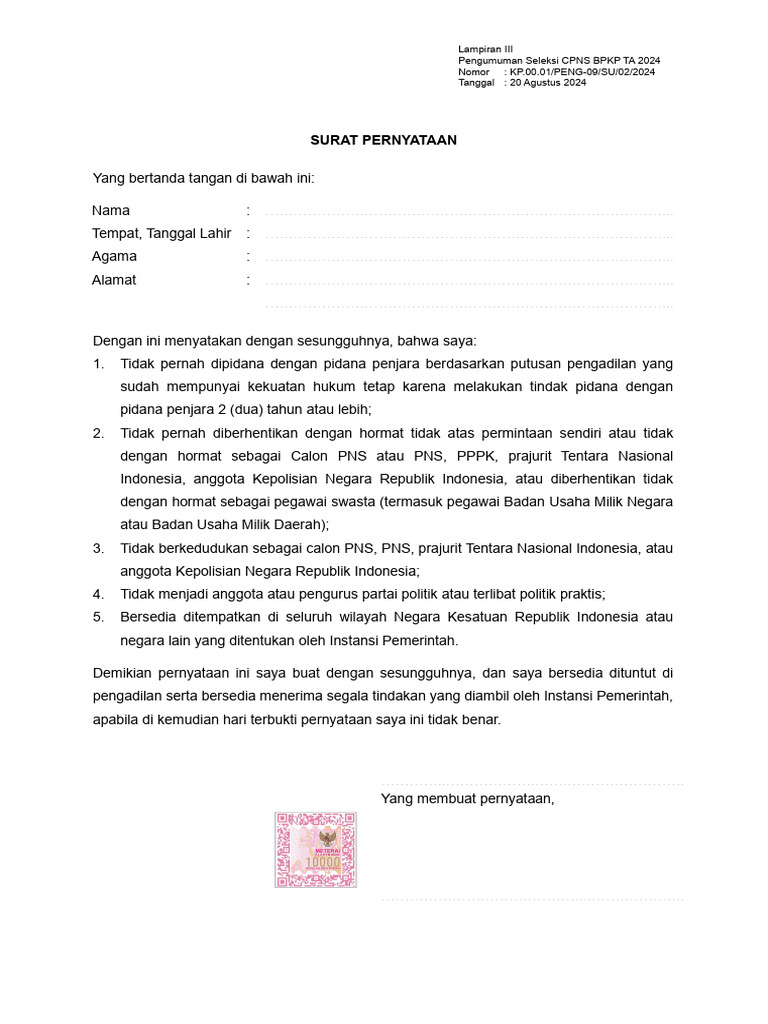 Surat Pernyataan CPNS BPKP 2024 | PDF | Hukum