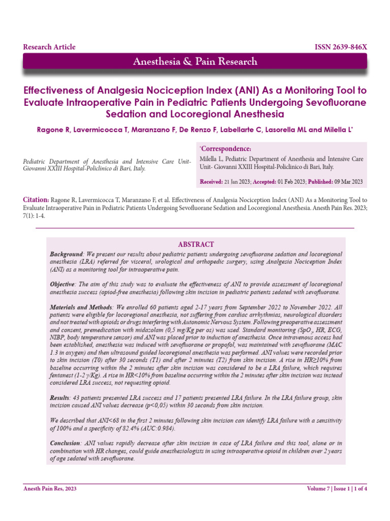 Effectiveness of Analgesia Nociception Index Ani As A Monitoring Tool ...