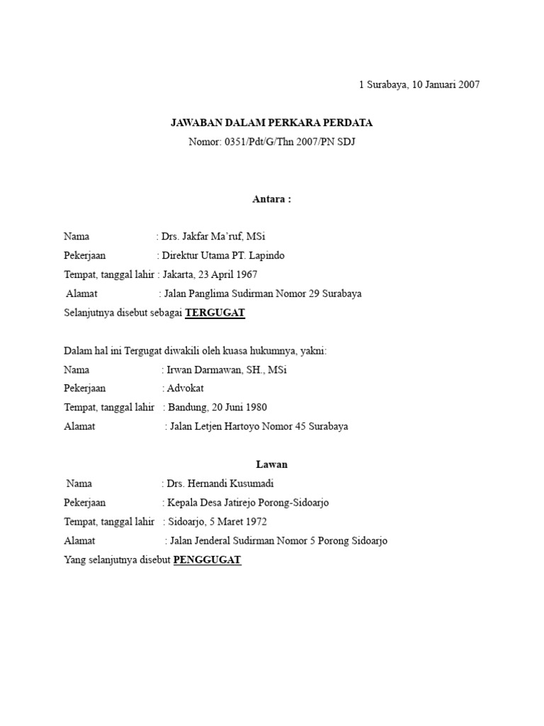 Tugas PLKH Perdata Jawaban Surat Gugatan Agung Alvandi - 010121203 | PDF