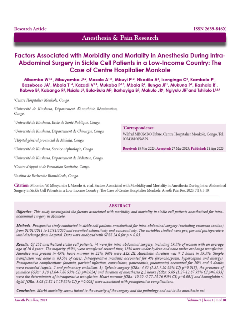 Factors Associated With Morbidity and Mortality in Anesthesia During ...