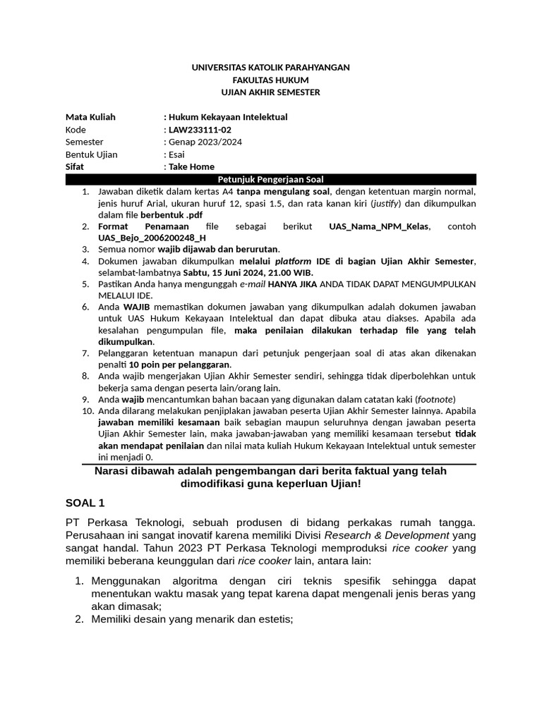 Naskah Soal UAS-HKI Genap 2023 2024 | PDF