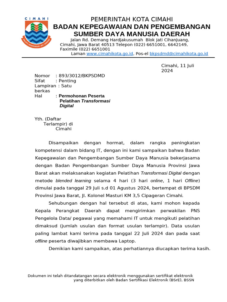 SURAT PERMOHONAN PESERTA PELATIHAN TRANSFORMASI DIGITAL - Sign | PDF