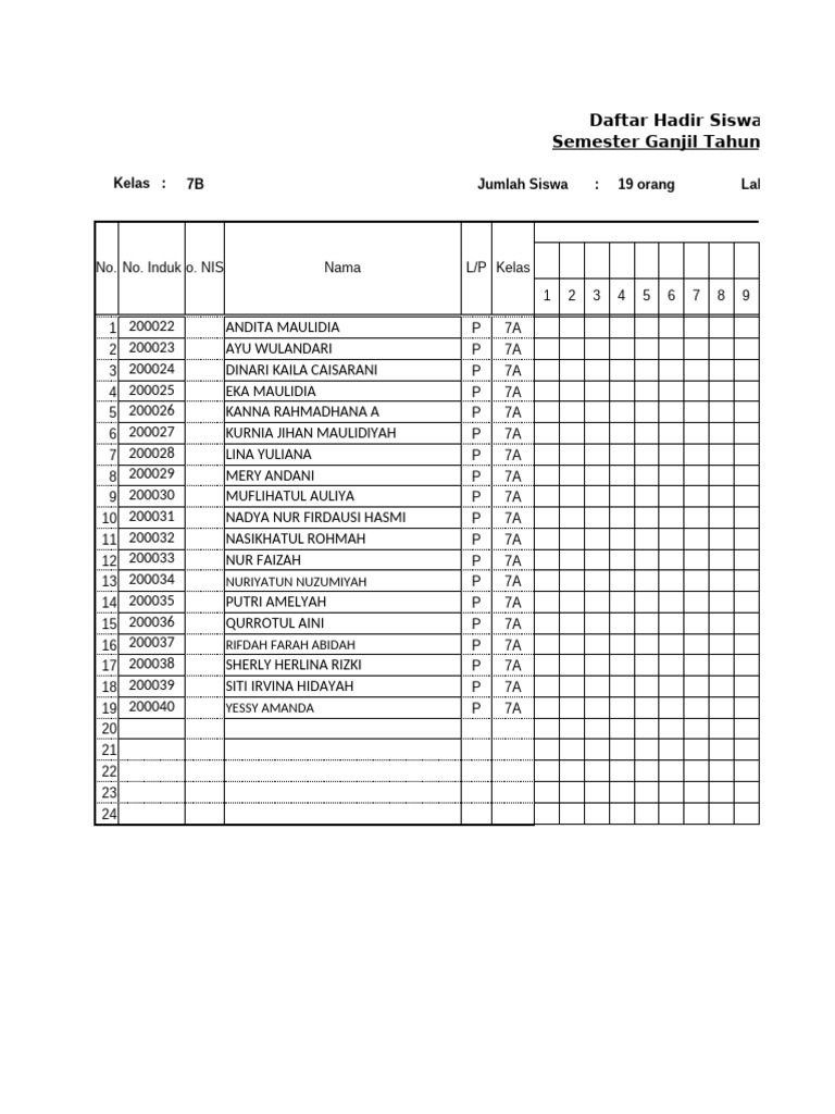 REKAP ABSENSI SISWA KLS 7B MTs HASYIMIYAH SEMESTER GANJIL 2020-2021 | PDF
