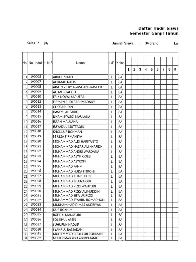 REKAP ABSENSI SISWA KLS 8A MTs HASYIMIYAH SEMESTER GANJIL 2020-2021 | PDF