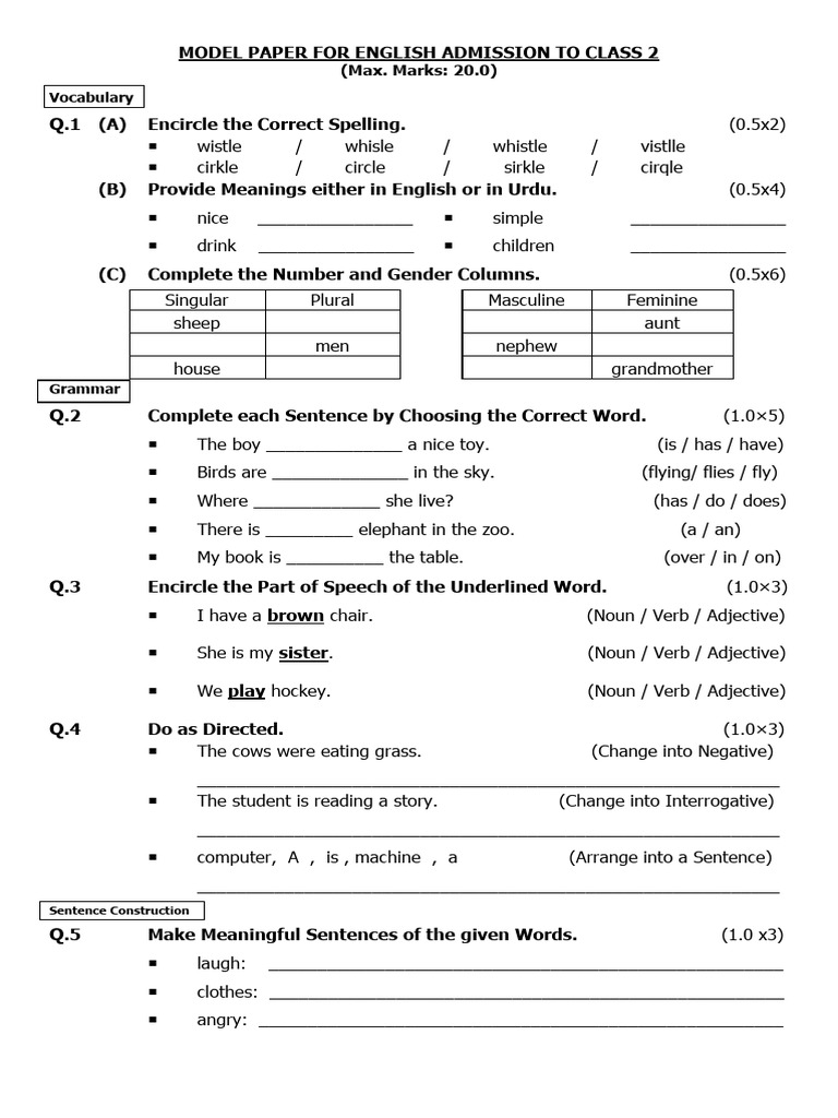 Model Paper Grade 2 | PDF | Grammatical Gender | Grammatical Number